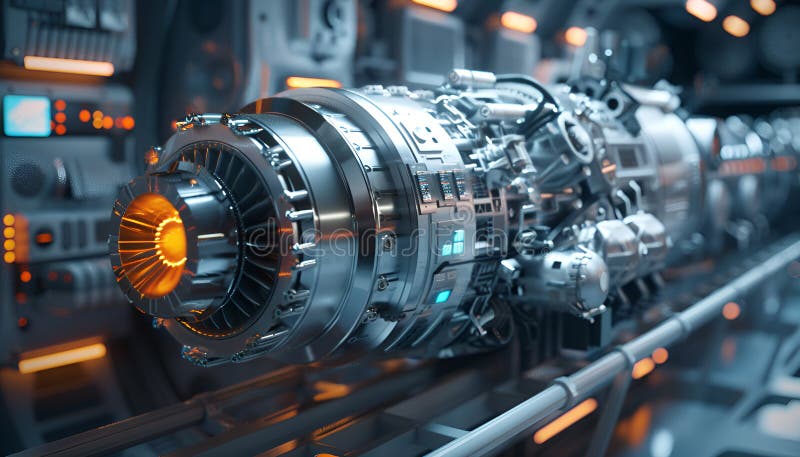 High Tech Futuristic Turbine Engine with Fans, Wires, Connectors in ...