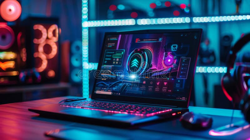 High-tech Gaming Laptop Illuminated by Neon Lights on a Modern Desk ...