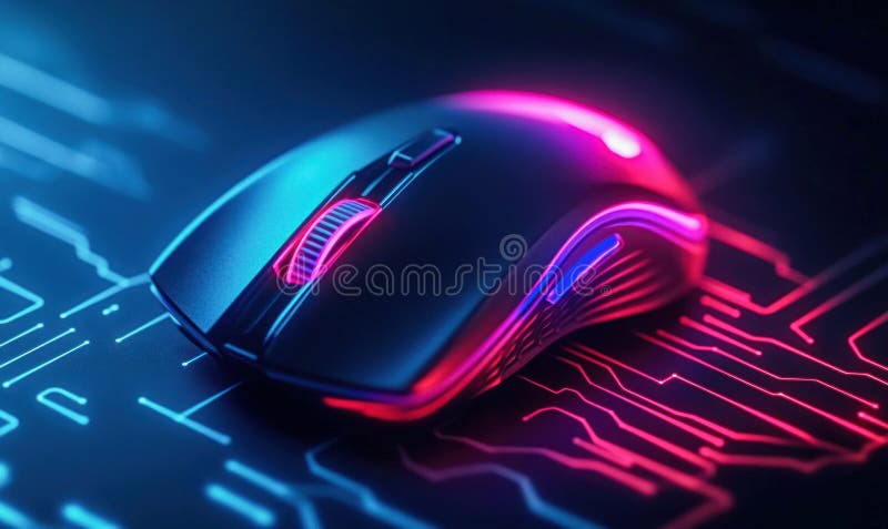 High-Tech Gaming Mouse with LED Design on Circuit-Themed Mousepad Stock ...