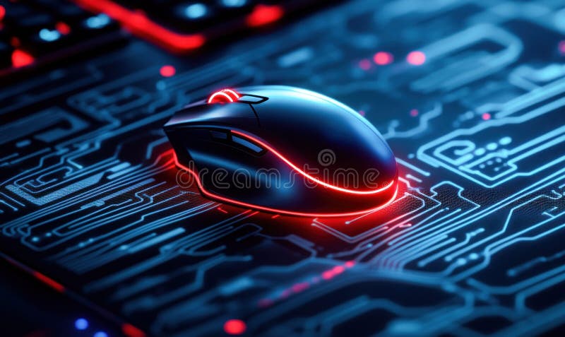 High-Tech Gaming Mouse with LED Design on Circuit-Themed Mousepad Stock ...