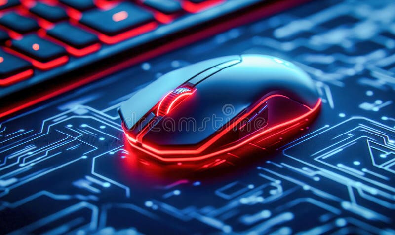 High-Tech Gaming Mouse with LED Design on Circuit-Themed Mousepad Stock ...