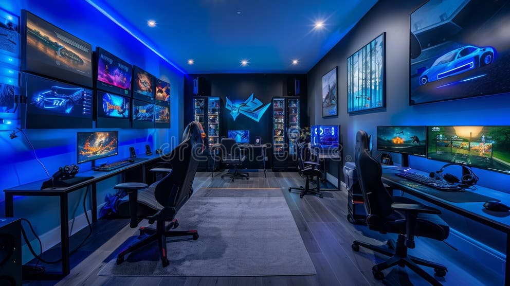 High-Tech Gaming Room with Multiple Computers and Monitors Stock Photo ...