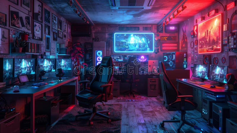 High-tech Gaming Room with Multiple Screens and Neon Lights ...
