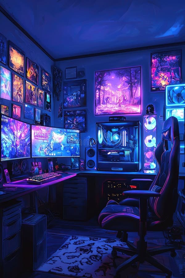 High-tech Gaming Room with Neon Lights and Multiple Screens Stock ...
