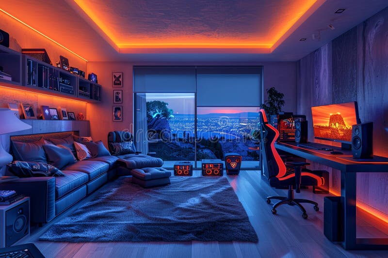 High-tech Gaming Room with Surround Sound LED Lighting Stock ...