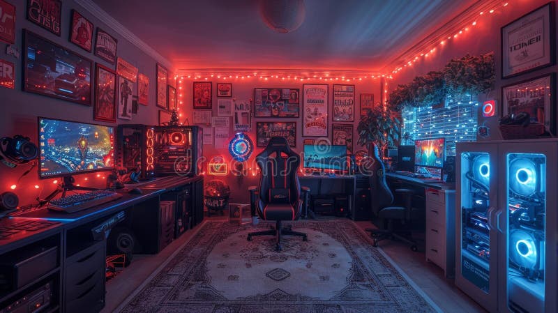 High-tech Gaming Setup with Neon Lights - Generative Ai Stock ...