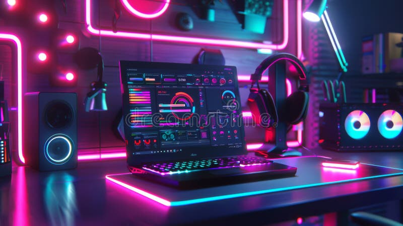 High-tech Gaming Setup with Vibrant Neon Lights Featuring a Powerful ...