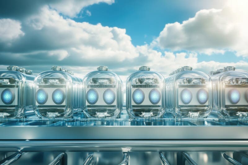 High-tech Glass Containers Reflecting Blue Lights Under a Cloudy Sky ...