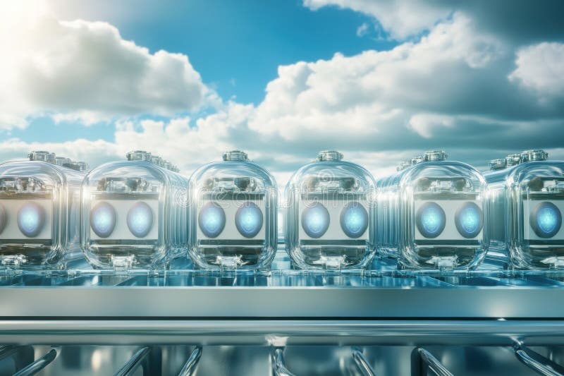 High-tech Glass Containers Reflecting Blue Lights Under a Cloudy Sky ...