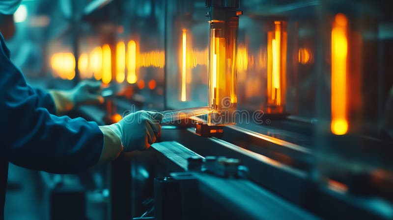 High-Tech Glass Manufacturing Process with Skilled Workers Operating ...