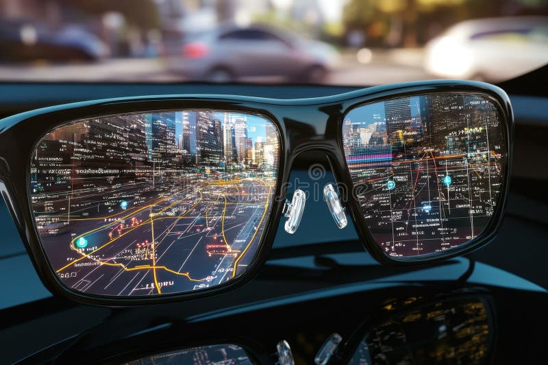 High-tech Glasses Reflecting a Cityscape at Sunset with Digital ...