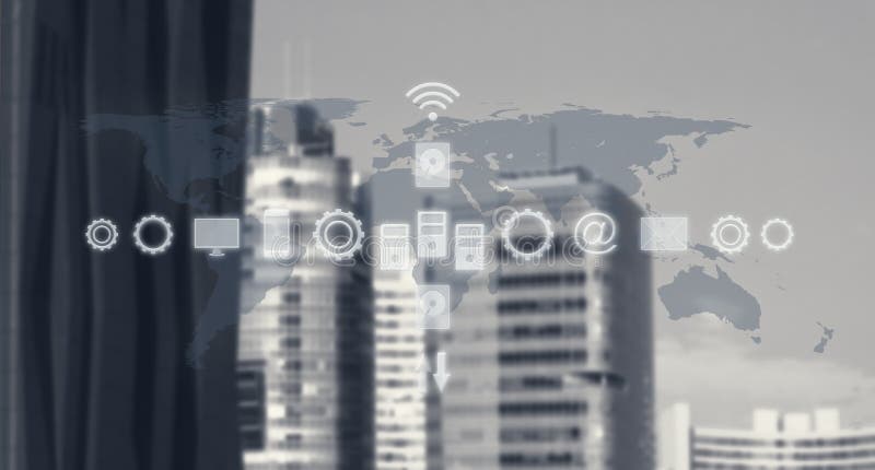 High Tech Global Business Model. Smart City and World Map with Services ...