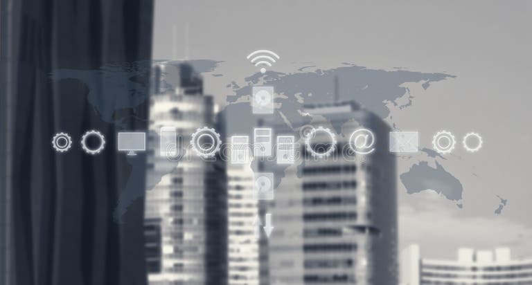 High Tech Global Business Model. Smart City and World Map with Services ...