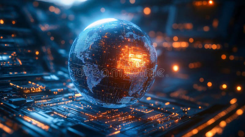 A High-tech Glowing Blue Sphere with Intricate Digital Circuits on a ...