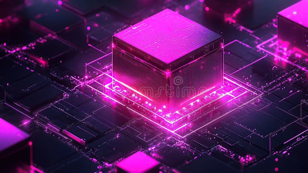 High-tech, Glowing Magenta Cube Processor on a Dark Circuit Board Stock ...
