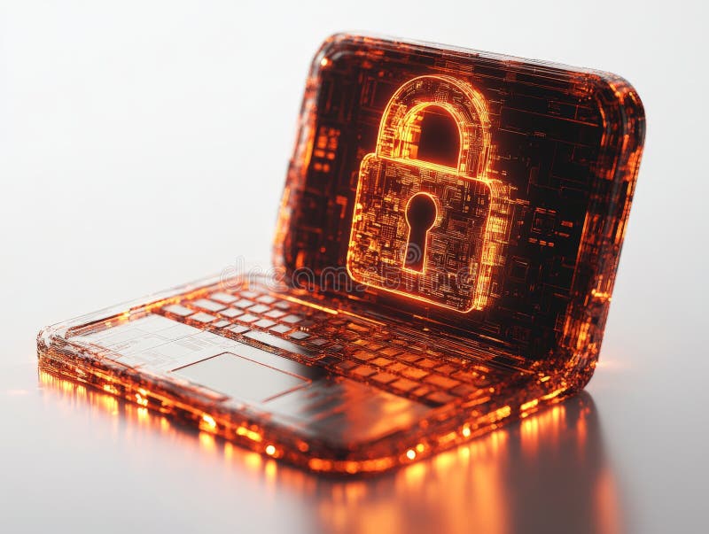 High Tech Glowing Orange Padlock Over a Futuristic Laptop, Symbolizing ...