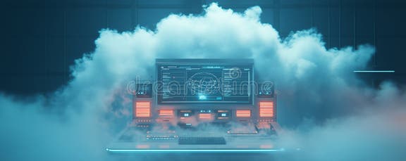 High Tech Glowing Security Console Surrounded by Mist in a Futuristic ...