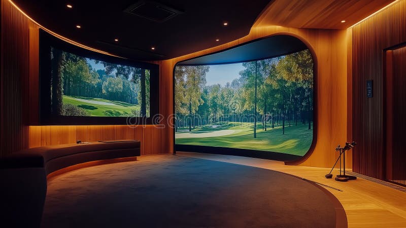 High-tech Golf Simulator Surrounded by Elegant Design in a Dimly Lit ...