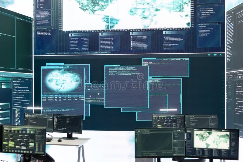 High Tech Governmental Cyber Security Room without Staff at Work Stock ...