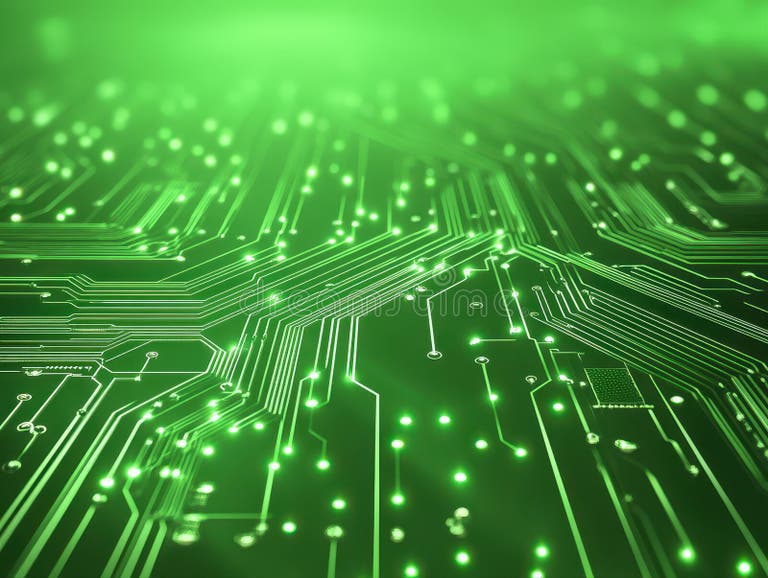 High Tech Green Circuit Board Background with Illuminated Electronic ...