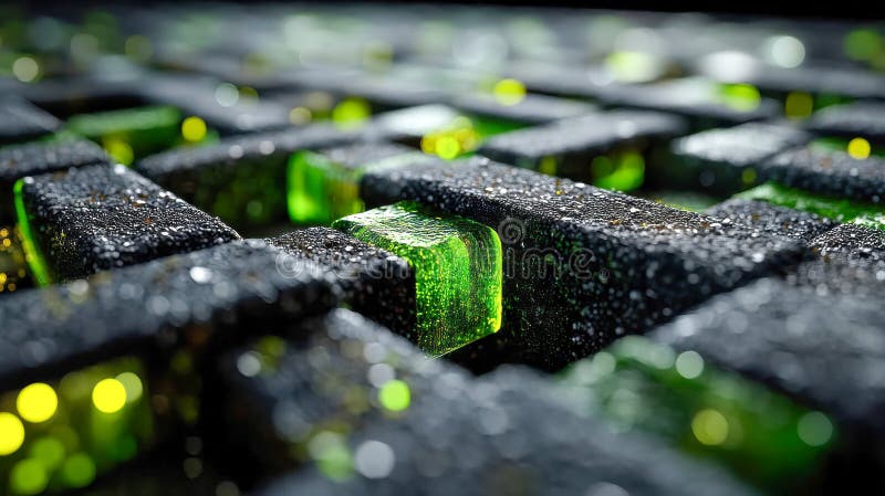 High-tech Grid of Black Textured Cubes with Green Glowing Glass Inserts ...