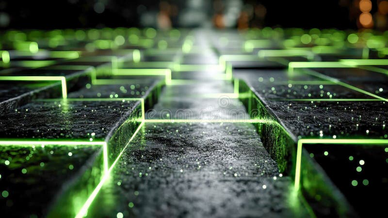 High-tech Grid of Black Textured Cubes with Green Glowing Glass Inserts ...