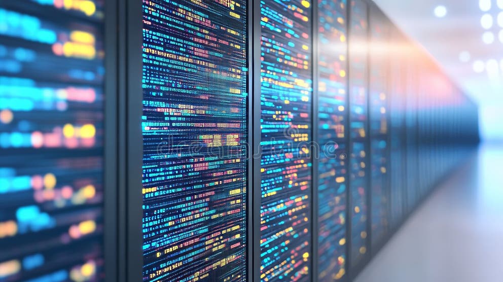 A High-tech Hallway Featuring Illuminated Data Screens and a Modern ...