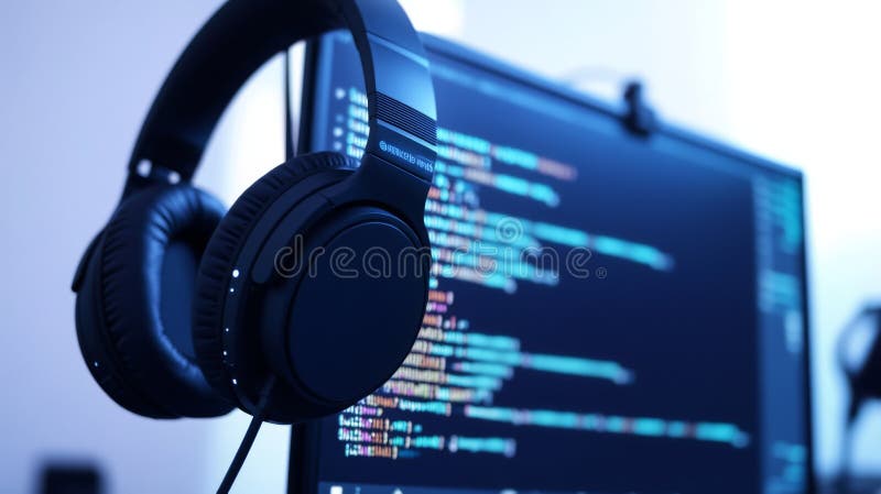 High-tech Headphones Resting on a Computer Screen Filled with Code ...