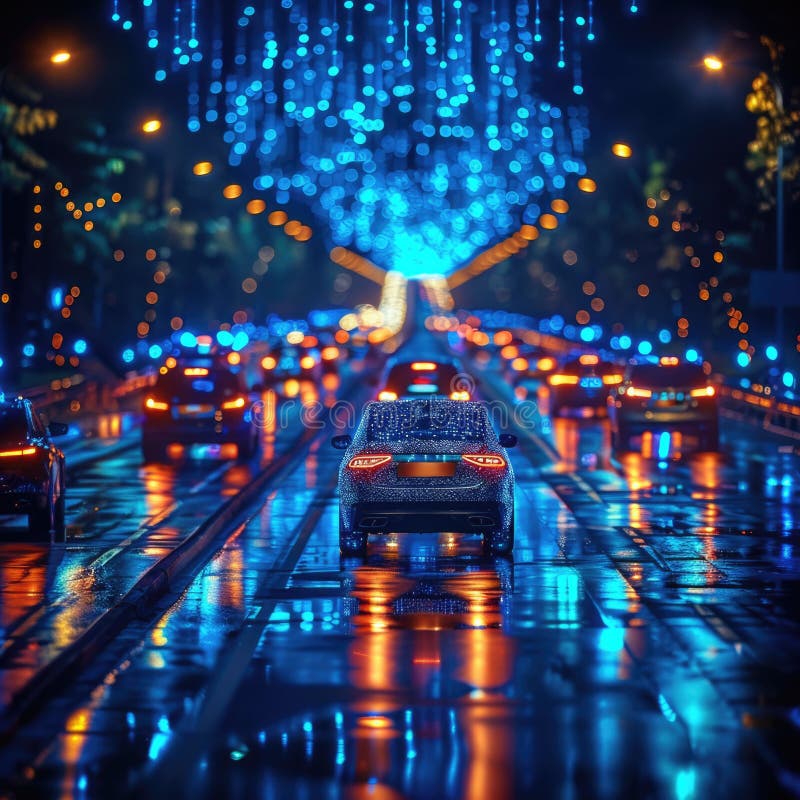 High-Tech Highway: Blue Holographic Lines, Advanced Auto Safety Tech ...