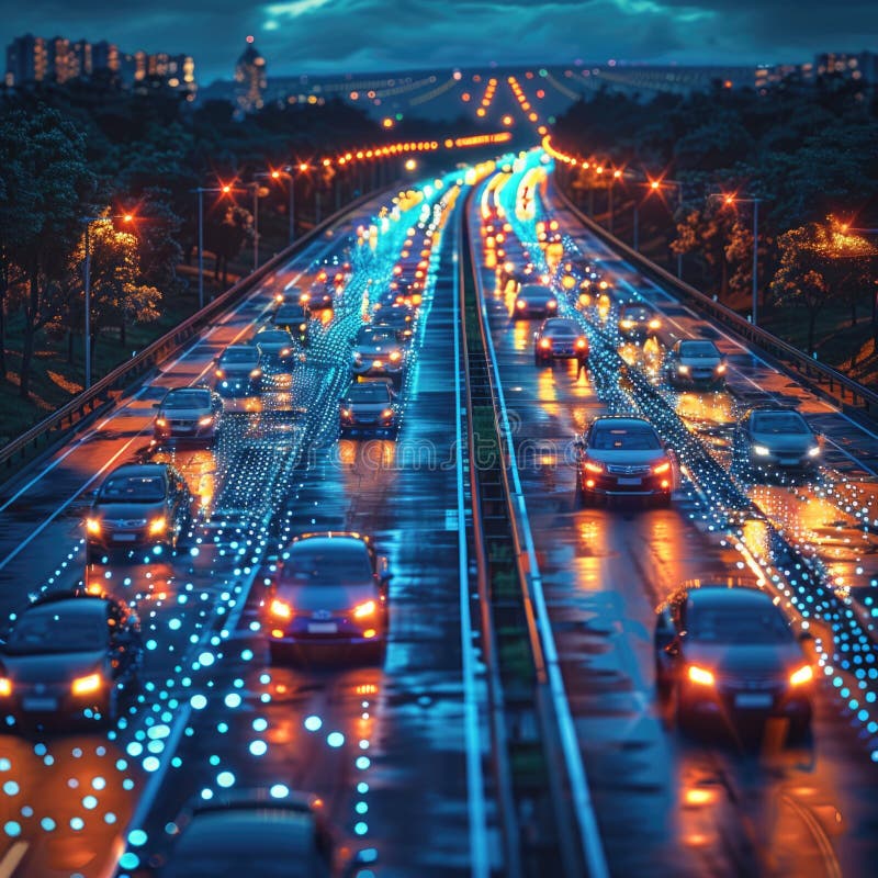 High-Tech Highway: Blue Holographic Lines, Advanced Auto Safety Tech ...