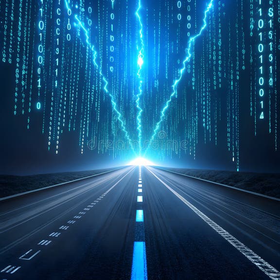 Futuristic Highway with Digital Energy Background and Lightning ...