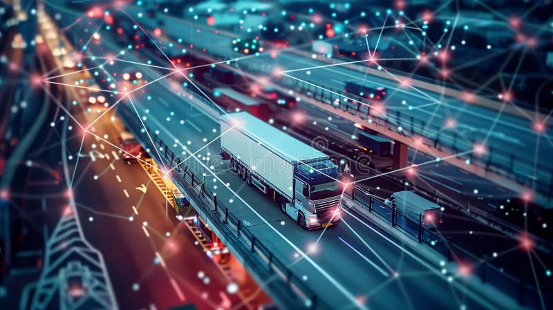 High-tech Highway View Scene. Trucks Move Along the Road, Above Which ...