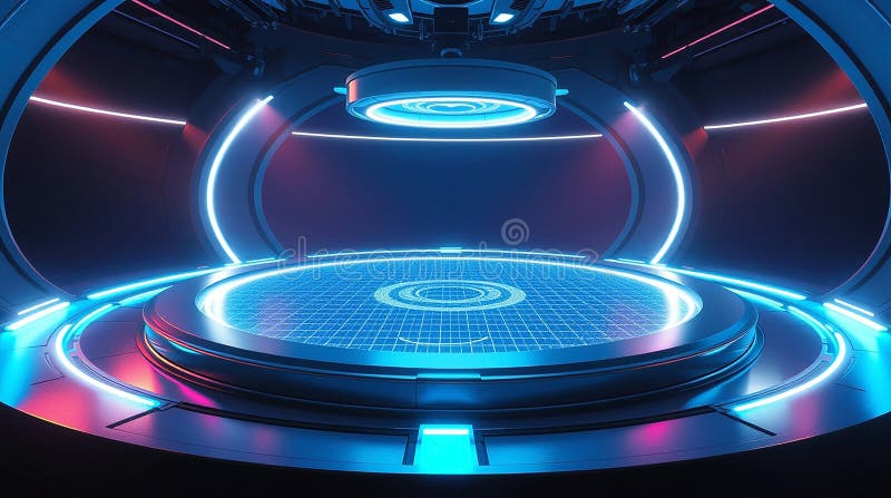 High-Tech Holographic Stage with Glowing Grid and Neon Lights Stock ...