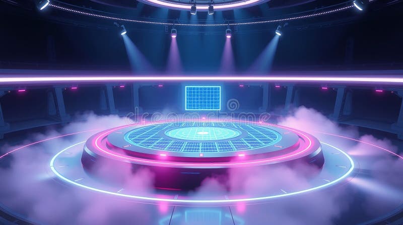 High-Tech Holographic Stage with Glowing Grid and Neon Lights Stock ...