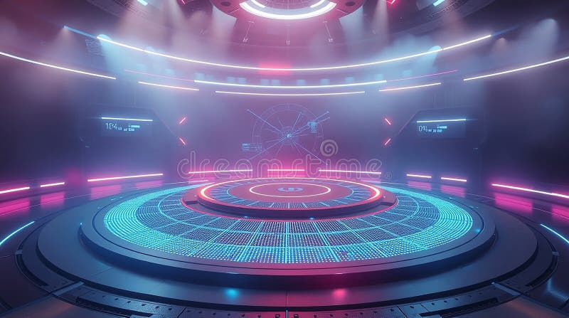 High-Tech Holographic Stage with Glowing Grid and Neon Lights Stock ...