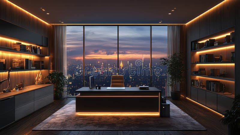 Luxurious Modern Office with Cityscape View at Night Stock Illustration ...
