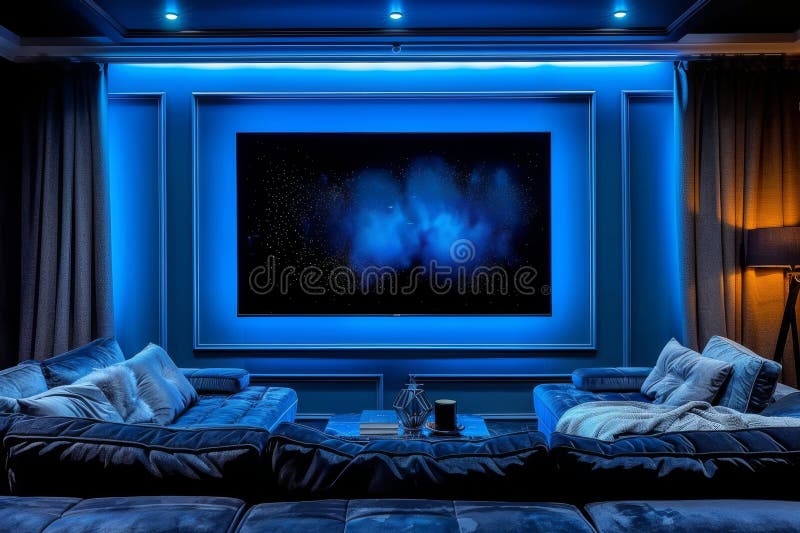 High Tech Home Theater with Blue Lighting and Plush Seating, Creating ...