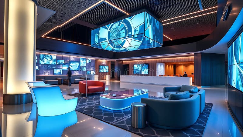 A High Tech Hotel Lobby Featuring Modular Seating Interactive Screens ...