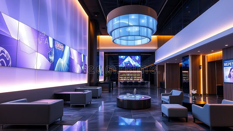 A High Tech Hotel Lobby Featuring Modular Seating Interactive Screens ...