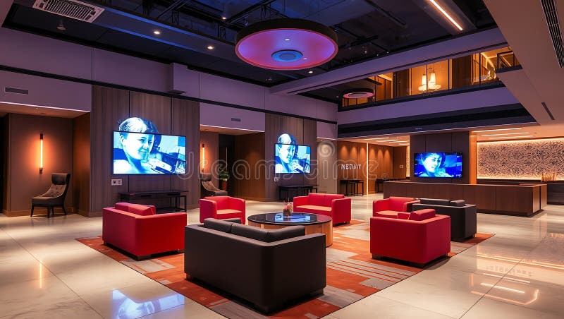 A High Tech Hotel Lobby Featuring Modular Seating Interactive Screens ...