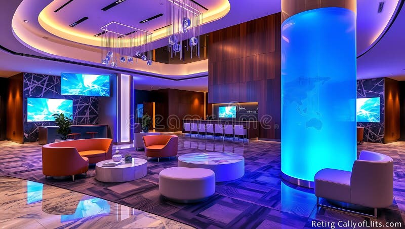 A High Tech Hotel Lobby Featuring Modular Seating Interactive Screens ...