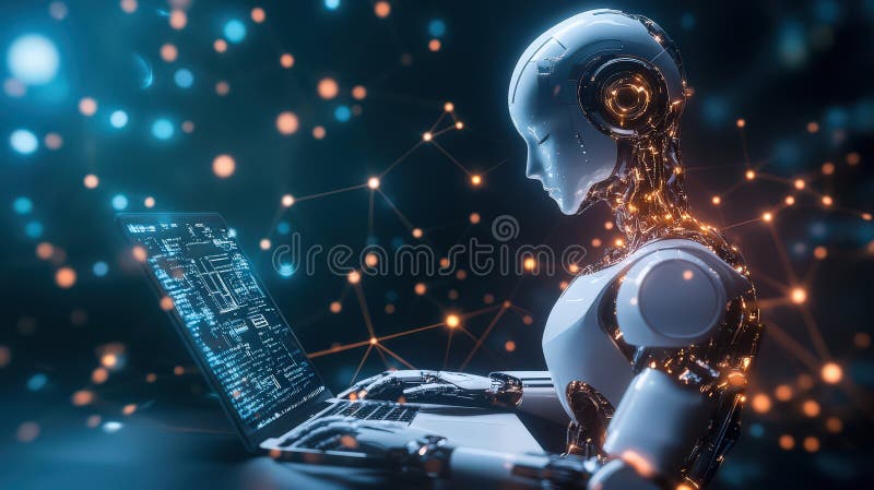 High-tech Humanoid Robot Engaged in a Digital Laptop Task within a ...