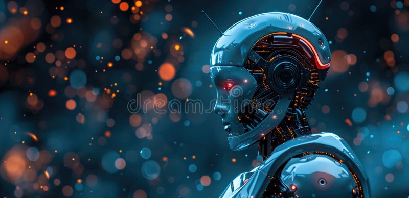 High-tech Humanoid Robot with Glowing Red Eyes in Futuristic Setting ...