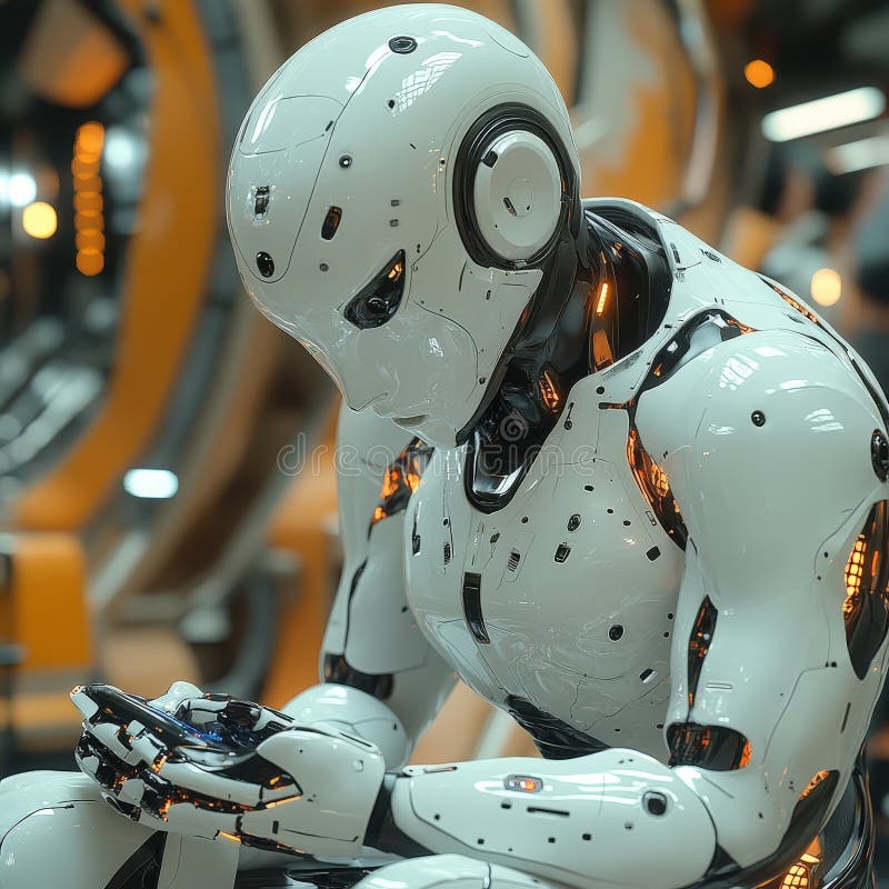 Futuristic Humanoid Robot Using a Smartphone Stock Image - Image of ...