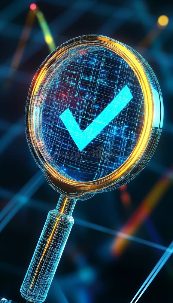 High Tech Image of a Magnifying Glass with a Blue Check Mark for Data ...