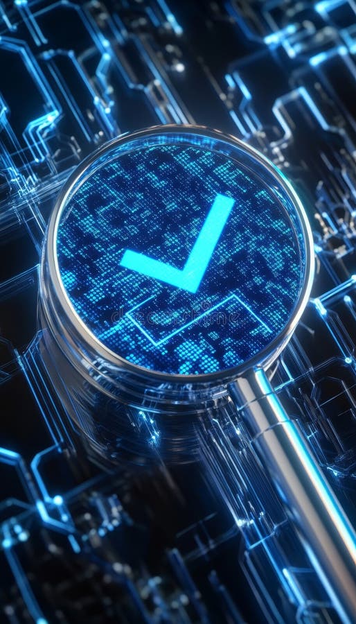 High Tech Imagery of a Magnifying Glass with Blue Check Mark for Data ...