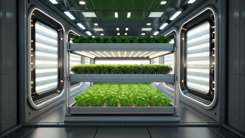 High Tech Indoor Farm with LED Lighting Growing Fresh Greens Stock ...