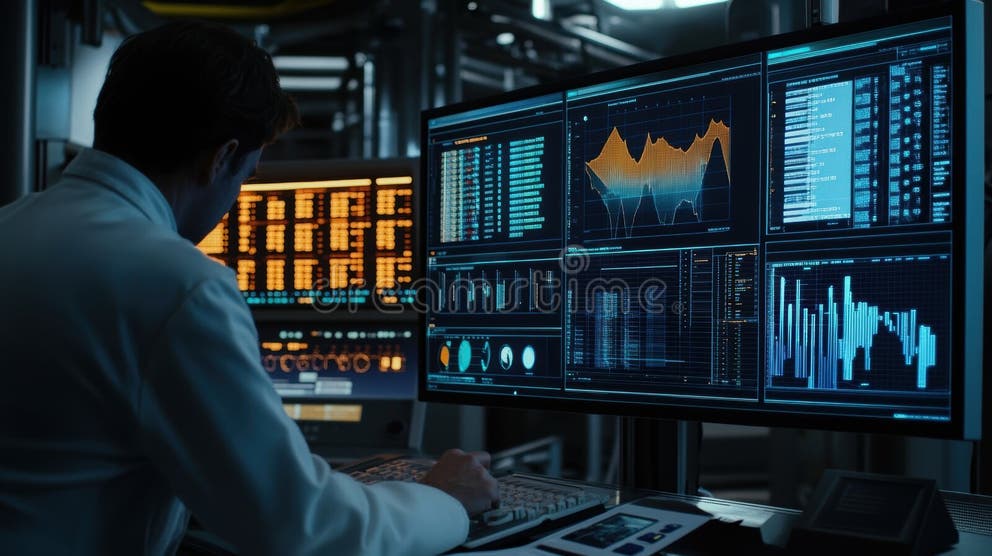 Industrial Engineer Analyzing Graphs and Big Data on Multiple Computer ...