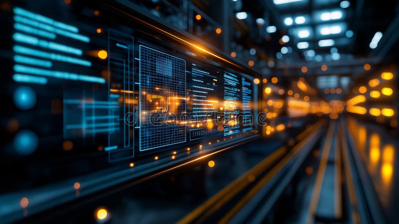 High Tech Industrial Factory Interior with Glowing Data Screens and ...