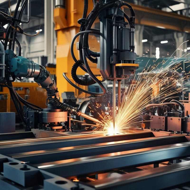 High-Tech Industrial Manufacturing: Automated Machinery with Sparks ...